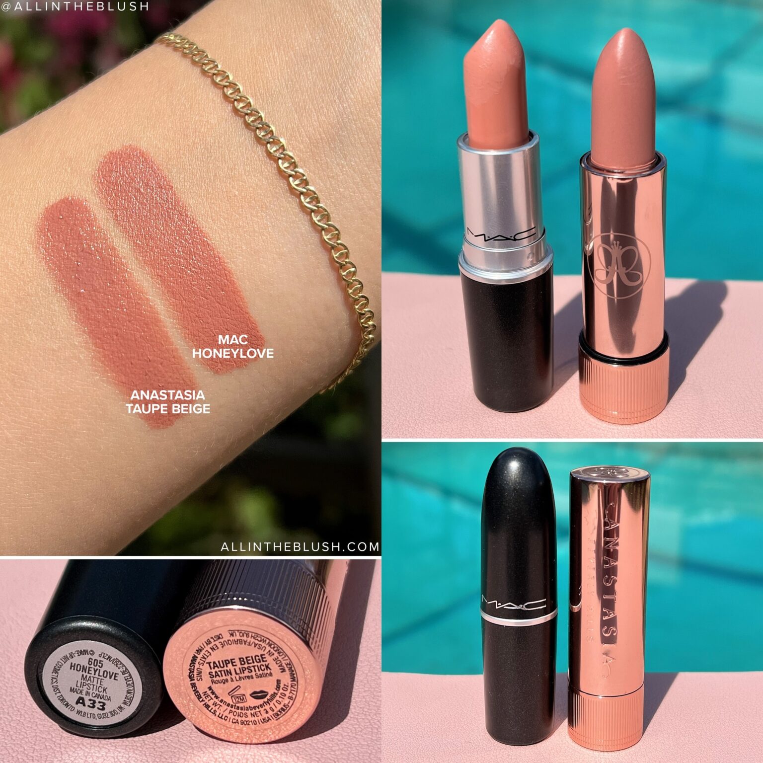 mac honeylove & abh taupe biege lipstick swatches color matches dupes ...