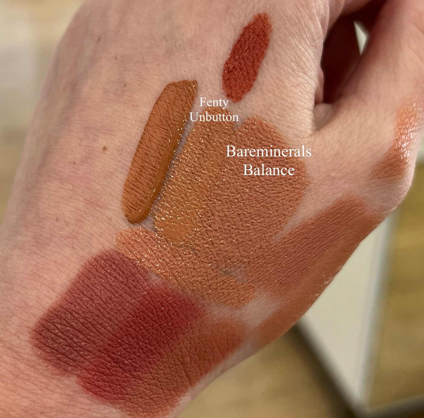 fenty unbutton & bareminerals balance lipstick swatches color matches ...