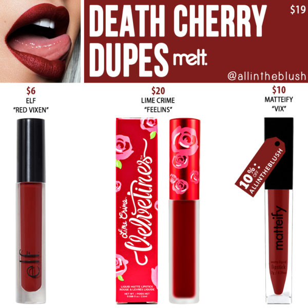 Melt Cosmetics Death Cherry Liquid Lipstick Dupes » All In The Blush