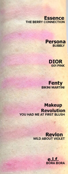 essence the berry connection, persona bubbly, dior 001 pink, fenty ...